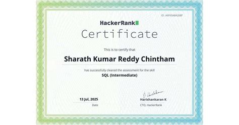 Completed Intermediate Sql Certification On Hackerrank Sharath Kumar Reddy Chintham Posted On