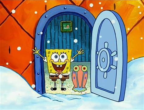 Spongebob Opening The Door To Another Room With Snow On The Ground