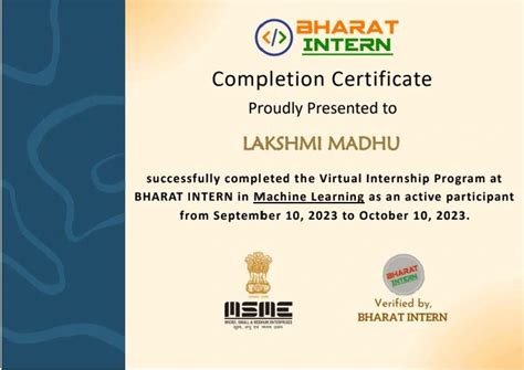 Finished Virtual Internship As A Machine Learning Intern Lakshmi