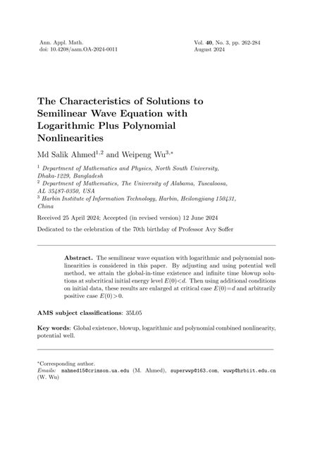 Global Science Press The Characteristics Of Solutions To Semilinear Wave Equation With