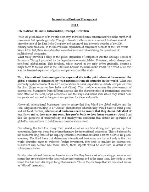IBM Unit 1 Unit 1 International Business Management Unit 1 International Business Studocu