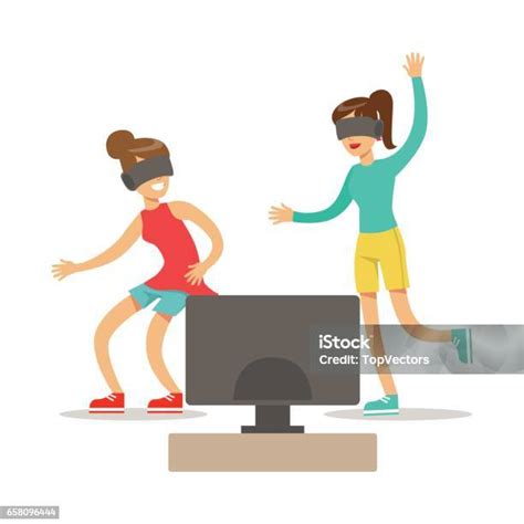 가상 현실 안경에 여자 친구 비디오 게임을 즐기는 행복 한 게이머의 일부 컴퓨터 게임으로 재미 있는 실내 사람들 Brand Name Video Game에 대한 스톡 벡터