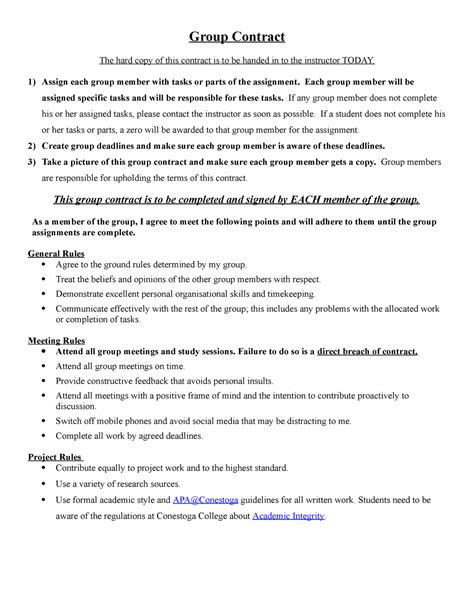 Group Contract For Assignments Group Contract The Hard Copy Of This Contract Is To Be Handed