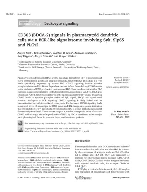 Pdf Cd303 Bdca 2 Signals In Plasmacytoid Dendritic Cellsvia A Bcr Like Signalosome Involving