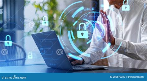 Man With Laptop In Office Cybersecurity Interface Stock Photo Image Of Email Futuristic