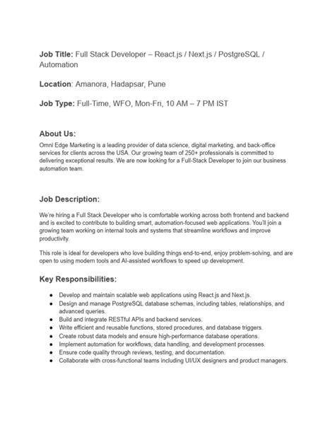 Full Stack Developer Jd Pdf Databases Postgre Sql