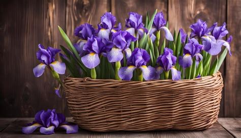 Premium Photo Iris Flowers In Basket On A Wooden Background