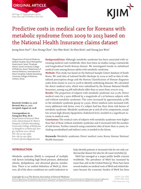 Pdf Predictive Costs In Medical Care For Koreans With Metabolic