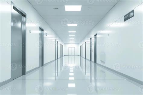 AI Generated Long Bright Corridor In Scientific Laboratory Building Clean White Hallway