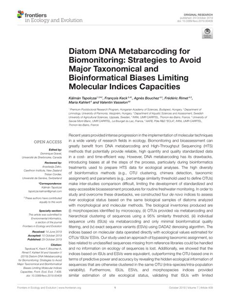 Pdf Diatom Dna Metabarcoding For Biomonitoring Strategies To Avoid