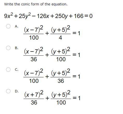 solved write the conic form of the equation