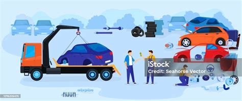 자동차 덤프 폐차장 벡터 일러스트 벡터 일러스트레이션 재활용을위한 오래된 자동차와 만화 평면 정크 야드 풍경 고물 집적소에 대한