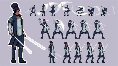 캐릭터 픽셀 아트 애니메이션 스프라이트 시트 사용할 준비가 된 도보 달리기 사이클 히트 검 망토를 가진 흑인 남자 프리미엄 벡터