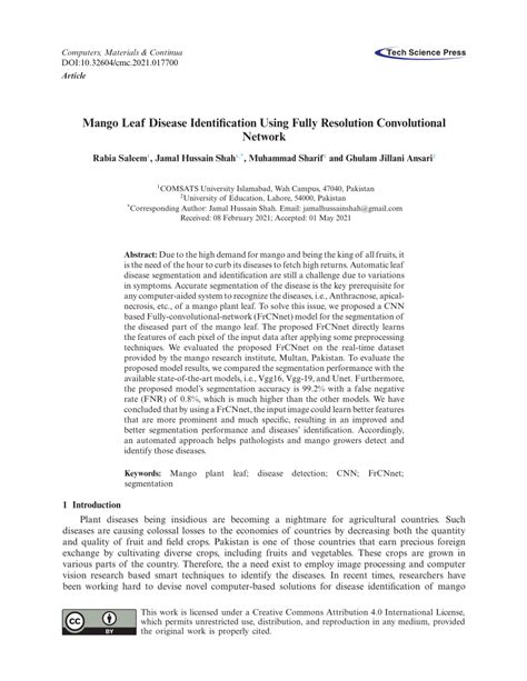 Pdf Mango Leaf Disease Identification Using Fully Resolution Convolutional Network