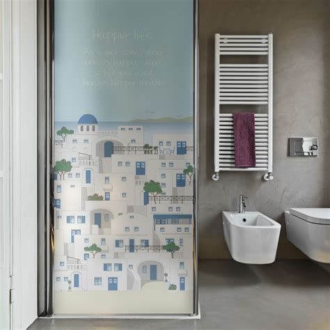 나무자전거 샤워부스겸용반투명유리창시트지 Mk 산토리니마을나무자전거 시트지 그래픽스티커 레터링전문