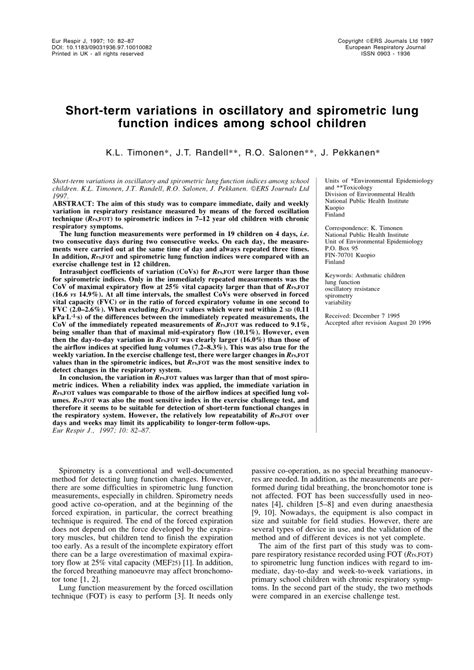 Pdf Short Term Variations In Oscillatory And Spirometric Lung Function Indices Among School