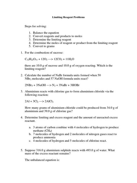 Limiting Reagent Problems Pdf Mole Unit Atoms
