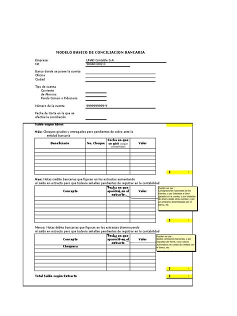 Modelo De Conciliación Bancaria Básico Pdf Bancos Cheque