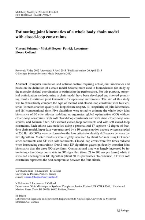 Pdf Estimating Joint Kinematics Of A Whole Body Chain Model With Closed Loop Constraints