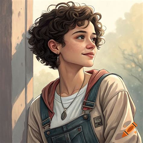 Digital Illustration Of A Young Woman With Short Curly Hair In Overalls Bathed In Sunlight
