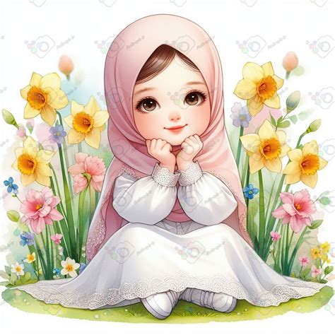 بک گراند کودکانه دختر کوچولوی ناز با حجاب نشسته در باغ گل نرگس کد 42771 ویژه عکس گراف عکس گراف
