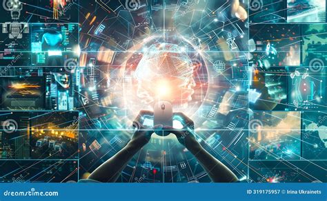 Hands Holding Smartphone In Front Of Digital Network Globe Futuristic Technology Concept With