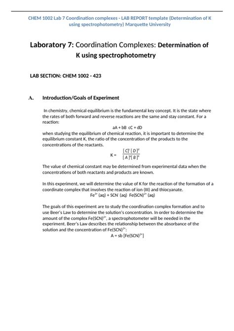 CHEM 1002 Lab 7 Coordination Complexes LAB REPORT Template Determination Of K Using