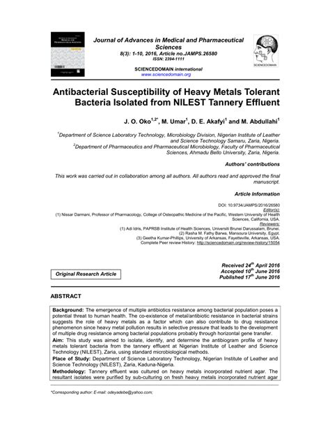 Pdf Antibacterial Susceptibility Of Heavy Metals Tolerant Bacteria