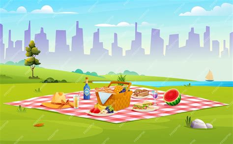 Premium Vector Picnic Setup Composed Of Basket With Food Fruits