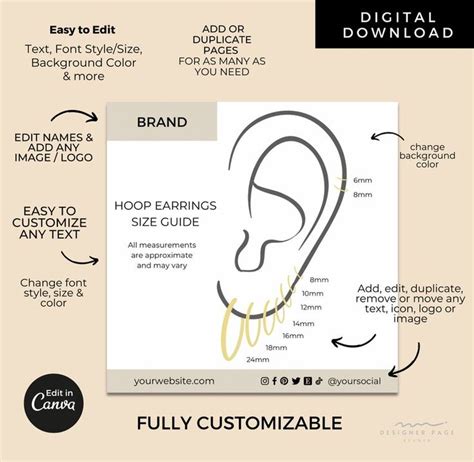 Editable Hoop Earrings Size Chart Template Canva Printable Earrings