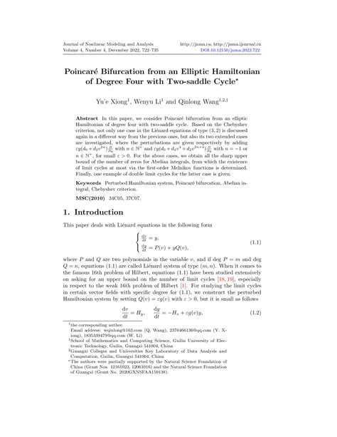 Global Science Press Poincaré Bifurcation From An Elliptic Hamiltonian