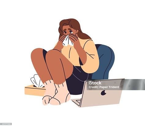 화가 난 소녀는 울고 노트북으로 드라마 영화를 보면서 티슈로 눈물을 닦습니다 종이 냅킨을 들고 슬픈 영화를 보면서 우는 불행한 십대 흰색 배경에 평면 절연 벡터 그림 걱정
