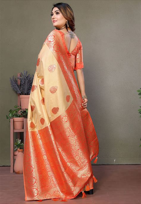 Buy Woven Viscose Silk Saree In Beige Online Spf15588 Utsav Fashion
