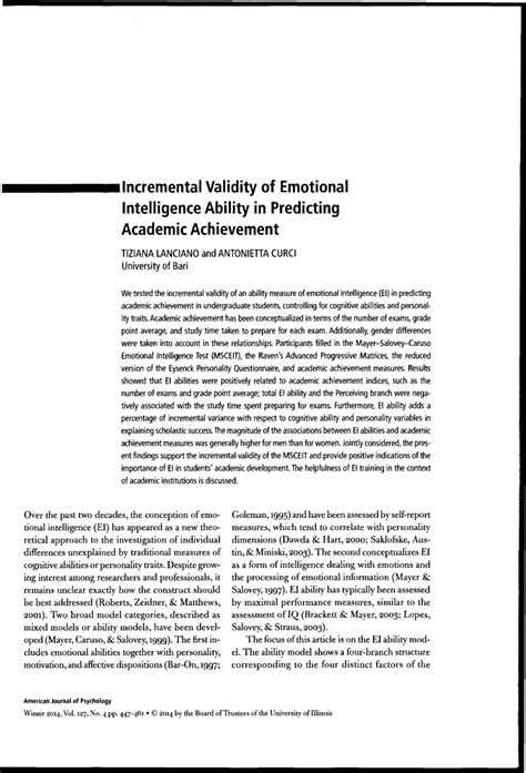 Pdf Incremental Validity Of Emotional Intelligence Ability In