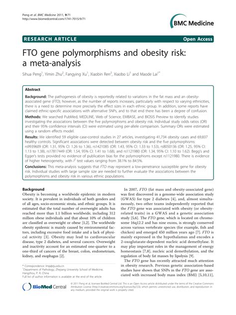 Pdf Fto Gene Polymorphisms And Obesity Risk A Meta Analysis