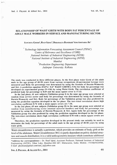 Pdf Relationship Of Waist Girth Body Fat Percentage Of Adult Male Workers In Service And