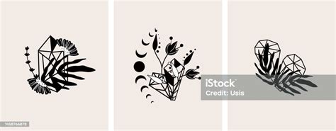 베이지색 배경에 크리스탈과 나뭇잎 마법의 꽃과 달이 있는 최소한의 신비로운 구성 흑백 신비롭고 난해한 포스터 포스터 전단지 배너에 적합합니다 벡터 0명에 대한 스톡 벡터