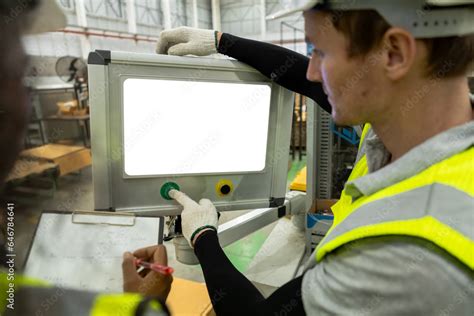 Man Engineer Using Computer Blank White Screen Controlling Machine At