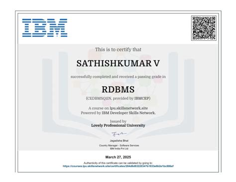 Rdbms Certification Ibm Databasemanagement Sathishkumar Vengatesan