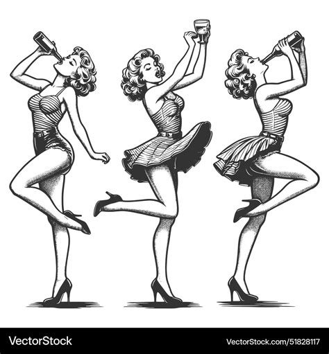 Pin Up Girls Drinking And Dancing Engraving Vector Image