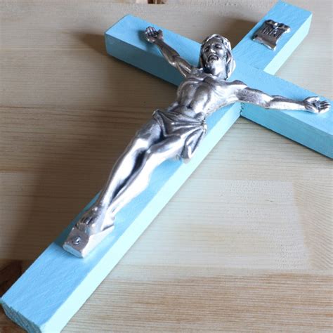 8 Wall Crucifix Wood Aqua Decor Christ Cross Crucifijo Catholic Mercy
