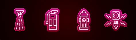 세트 라인 화재 스프링클러 소화기 소화전 및 전기 스파크 빛나는 네온 아이콘입니다 벡터 거리에 대한 스톡 벡터 아트 및 기타