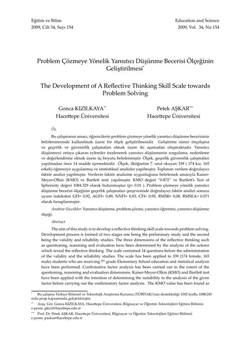 Pdf The Development Of A Reflective Thinking Skill Scale Towards Problem Solving