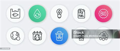 세트 라인 전염성 폐기물 바이오 배너 지구 온난화에 녹는 지구 에코 자연 잎 배터리 바이오 연료 용기 전구 산성비 방사성 구름 및 세계 일 아이콘 벡터 기후 변화에 대한