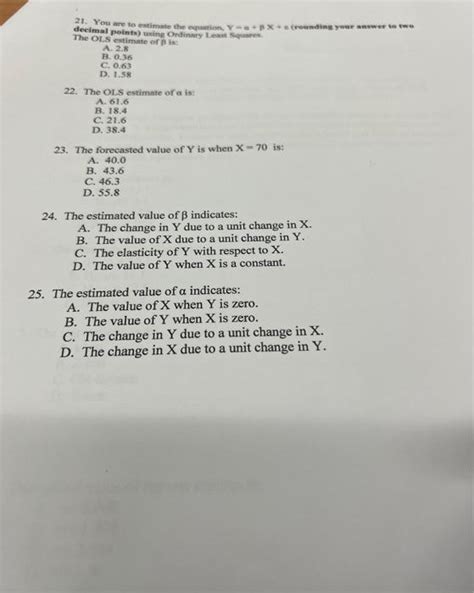 Solved Consider The Following Data On Y And X For Questions Chegg