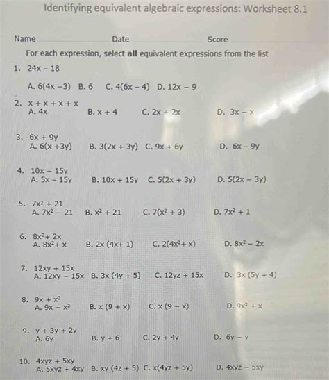 Solved Identifying Equivalent Algebraic Expressions Worksheet 81 Name Date Score For