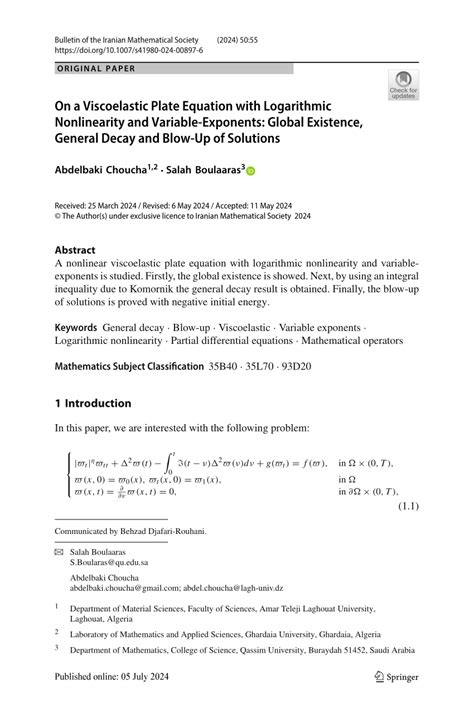 Pdf On A Viscoelastic Plate Equation With Logarithmic Nonlinearity And Variable Exponents