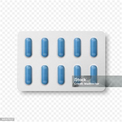 벡터 현실적인 제약 의료 파란 알약 비타민 캡슐 물집 근접 촬영에 격리 물집 포장 디자인 템플릿의 알약입니다 전면 평면도 의학 건강 개념 3차원 형태에 대한 스톡 벡터 아트