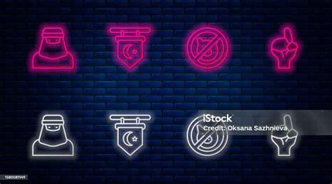 세트 라인 별과 초승달 돼지 없음 니캅과 손 기도 자세를 취한 무슬림 여성 벽돌 벽에 빛나는 네온 아이콘 벡터 0명에 대한 스톡 벡터 아트 및 기타 이미지 Istock
