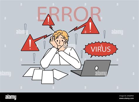 Virus And Error In Laptop Concept Stressed Confused Worker Man Sitting